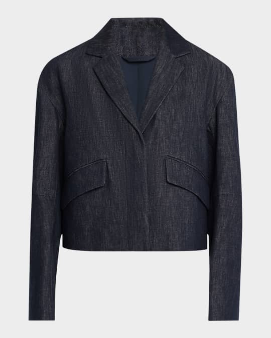 Brunello Cucinelli Indigo Single-Breasted Crop Jacket | Neiman Marcus