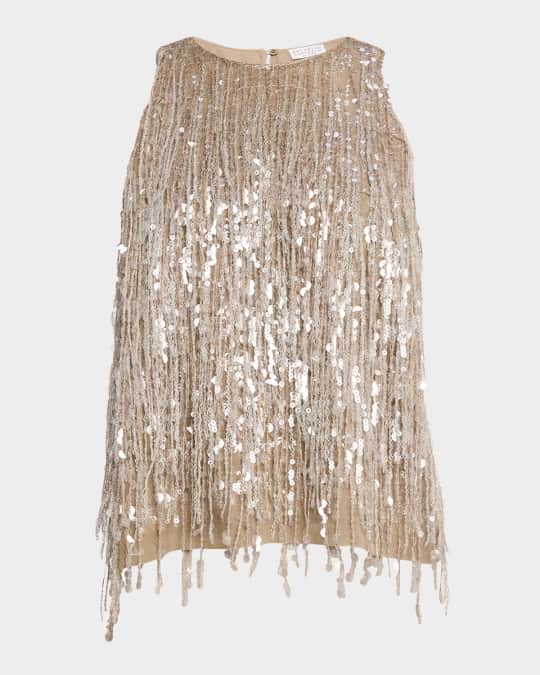 Brunello Cucinelli Paillette Waterfall Silk Tank Top | Neiman Marcus