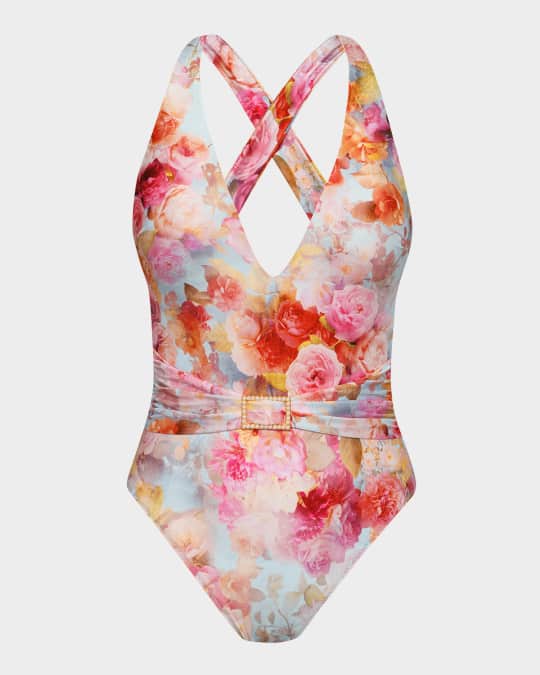 L'Agence Soft Cloud Floral Lisa Plunge One-Piece Swimsuit | Neiman Marcus