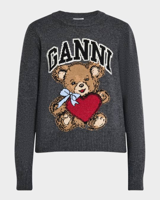 Ganni Wool Graphic Bear Crewneck Sweater | Neiman Marcus