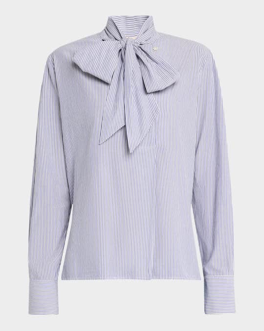Vanessa Bruno Striped Tie-Neck Cotton Blouse | Neiman Marcus