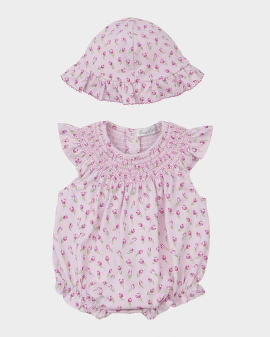 Kissy Kissy Girl's Tulip Blossoms Smocked Bubble Romper W/ Sunhat, Size ...