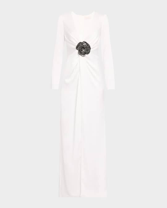 Ramy Brook Daryl Deep V-Neck Floral Applique Column Gown | Neiman Marcus