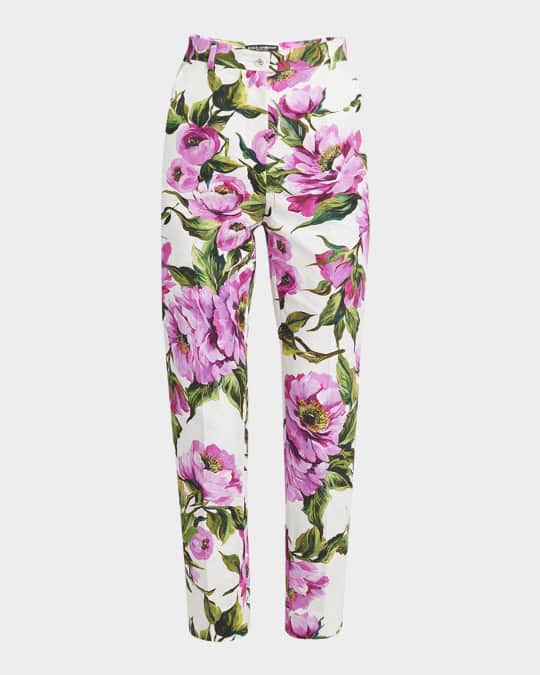 Dolce&Gabbana Peony Print Straight-Leg Ankle Pants | Neiman Marcus