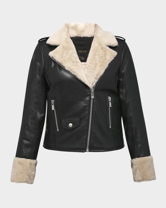 AS by DF Sydney Recycled Leather Moto Jacket with Faux Fur Trim ...