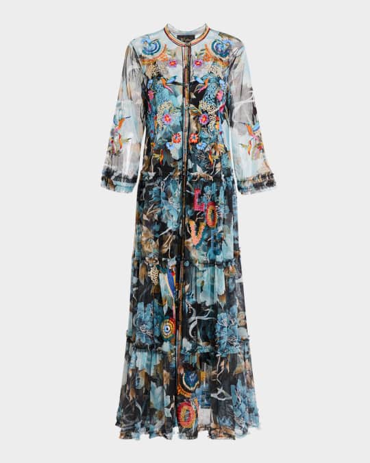 Johnny Was Mazzy Floral-Print Embroidered Maxi Dress | Neiman Marcus