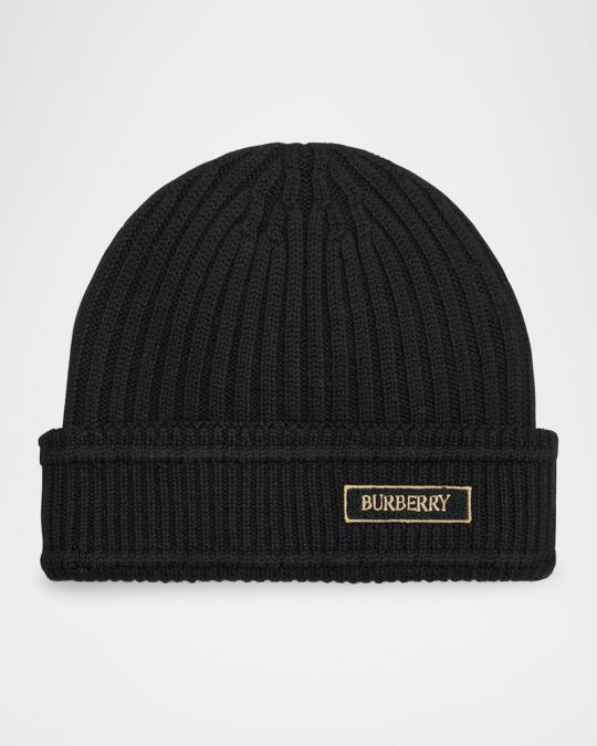 Burberry Men's Ribbed Wool Logo Beanie Hat | Neiman Marcus