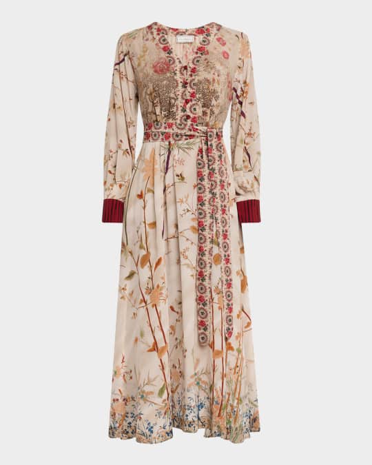 Pierre-Louis Mascia Floral & Bird-Print Silk Maxi Dress | Neiman Marcus