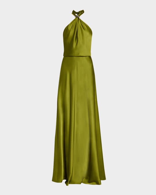 Halston Wynn Bow-Back Charmeuse Halter Gown | Neiman Marcus