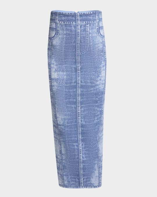 Balmain Denim Trompe Loeil Knit Pencil Skirt | Neiman Marcus