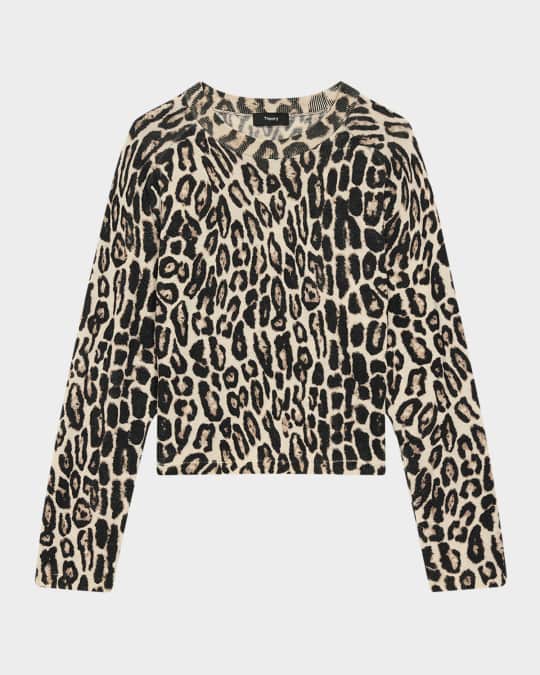 Theory Leopard Cropped Crewneck Sweater | Neiman Marcus
