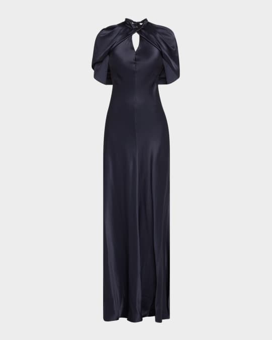 Alberta Ferretti Twisted Cape-Sleeve Open-Back Satin Gown | Neiman Marcus