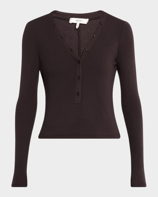 FRAME Long-Sleeve Ribbed Henley Top | Neiman Marcus