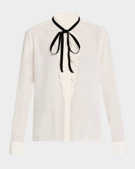 FRAME Ruffled Velvet-Tie Blouse | Neiman Marcus