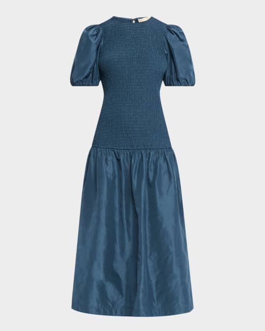 Marie Oliver Marca Smocked Puff-Sleeve Midi Dress | Neiman Marcus