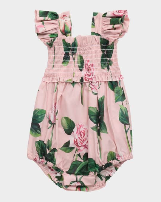 Dolce&Gabbana Girl's Rose-Print Smocked Bubble Romper, Size 3M-12M ...