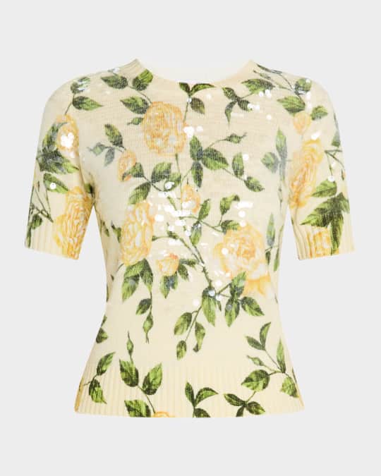 Oscar de la Renta English Rose-Print Sequined Short-Sleeve Sweater ...