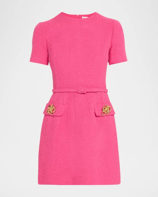 Oscar de la Renta Short-Sleeve Rose-Button Tweed Mini Day Dress With ...