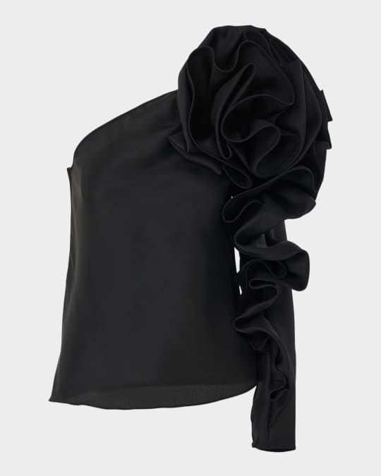 Carolina Herrera One-Shoulder Flower Sleeve Silk Top | Neiman Marcus