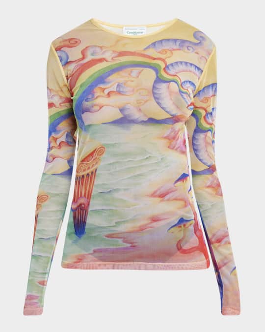 CASABLANCA Printed Mesh Long-Sleeve Top | Neiman Marcus