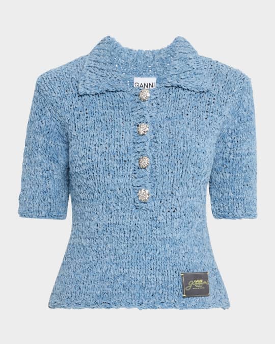 Ganni Hand-Knit Denim Polo Top | Neiman Marcus