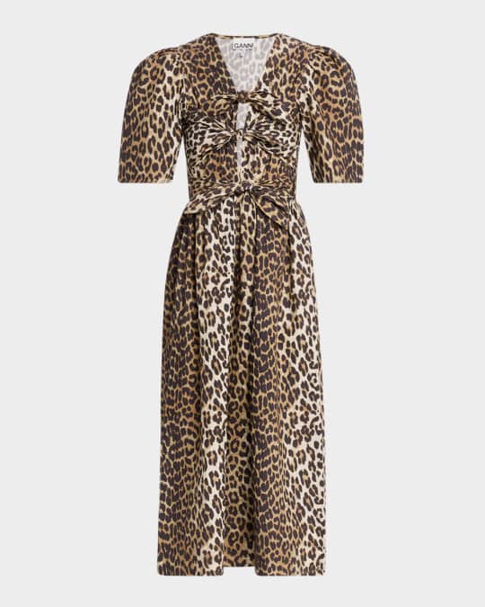 Ganni Leopard Tie-Front Midi Dress | Neiman Marcus