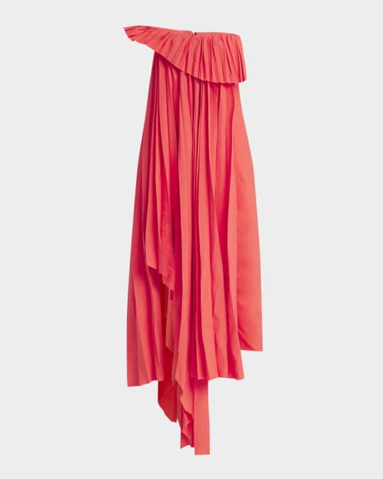 McQueen Strapless Plisse Asymmetric Midi Evening Dress | Neiman Marcus