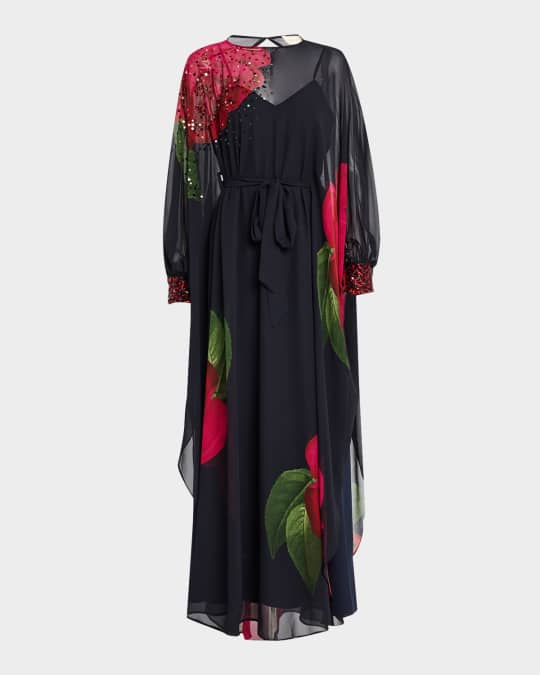 SACHIN BABI Gilda Floral-Print Chiffon Cape Gown | Neiman Marcus