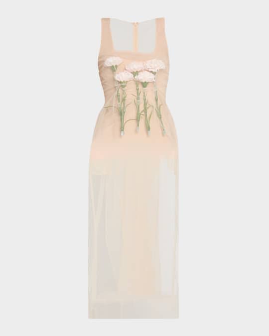 Simone Rocha Stuffed Carnation Square Neck Sheer Midi Dress | Neiman Marcus