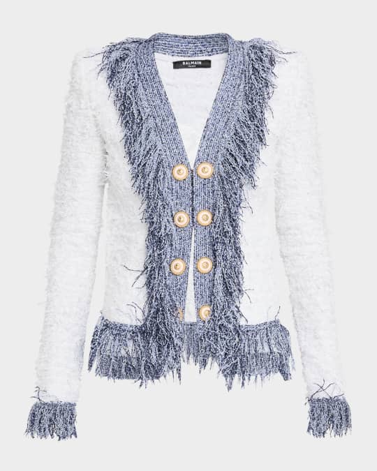 Balmain Collarless Metallic Fringed Tweed Jacket | Neiman Marcus