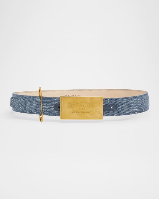 Balmain Calfskin Leather Denim Belt W/ Safety Pin | Neiman Marcus