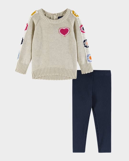 Andy & Evan Girl's Sweater W/ Crochet Patches & Jeggings Set, Size ...