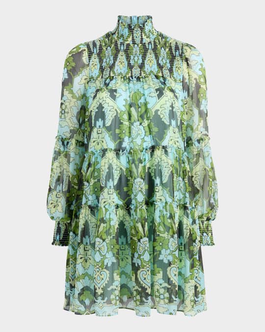 Cinq a Sept Rika Long-Sleeve Damask Mini Dress | Neiman Marcus