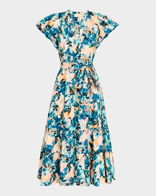Ulla Johnson Ottilie Floral Tiered Midi Dress | Neiman Marcus