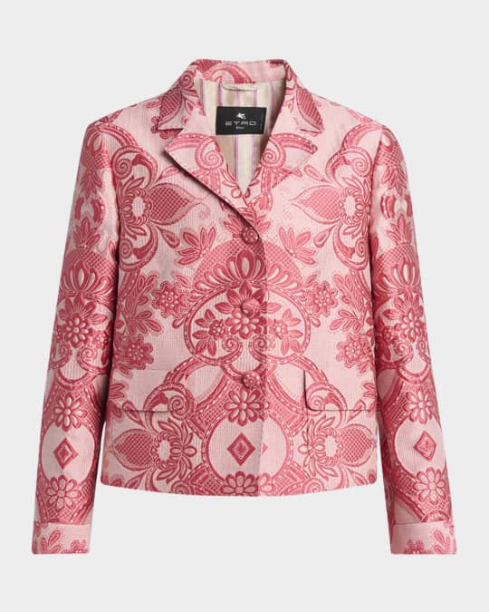 Etro Pink Medallion Lace Effect Brocade Crop Jacket | Neiman Marcus