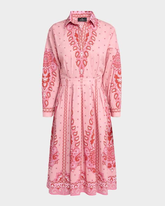 Etro Pink Medallion Cotton Poplin Midi Shirtdress | Neiman Marcus