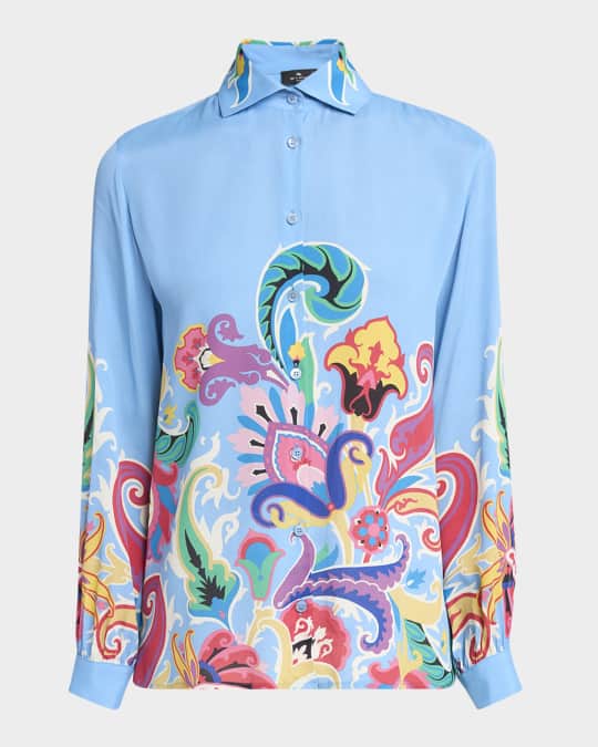 Etro Blue Summer Artwork Silk Button-Down Tunic Top | Neiman Marcus