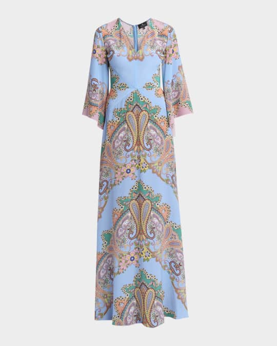 Etro Paisley-Print Flare-Sleeve Cady Gown | Neiman Marcus