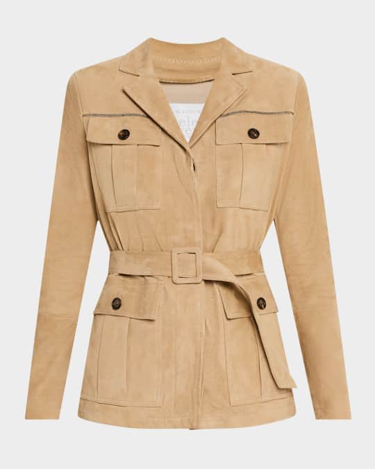 Eleventy Belted Chain-Trim Suede Safari Blazer | Neiman Marcus