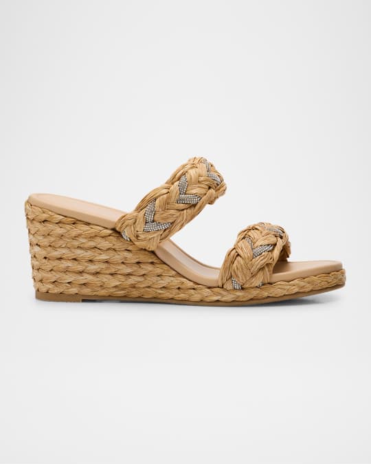 Stuart Weitzman Lana Raffia Crystal Wedge Slide Sandals | Neiman Marcus