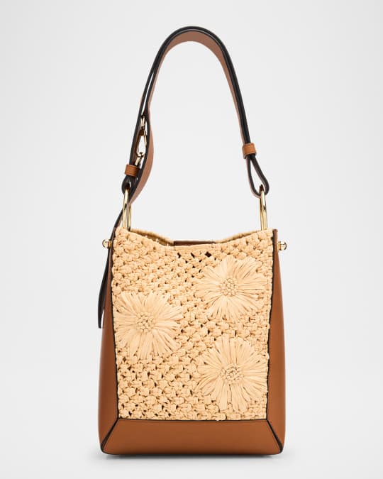 STRATHBERRY Lana Leather & Floral Raffia Midi Bucket Bag | Neiman Marcus