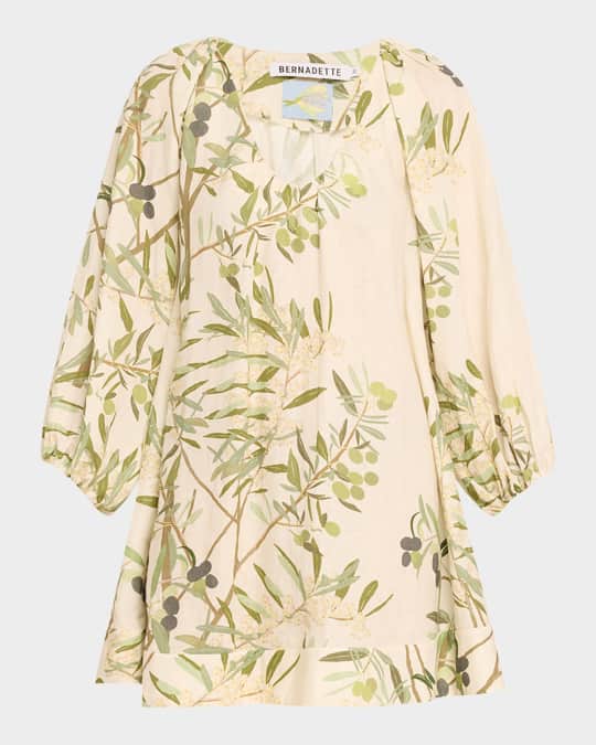 BERNADETTE Flowy Puff-Sleeve Printed Linen Mini Dress | Neiman Marcus