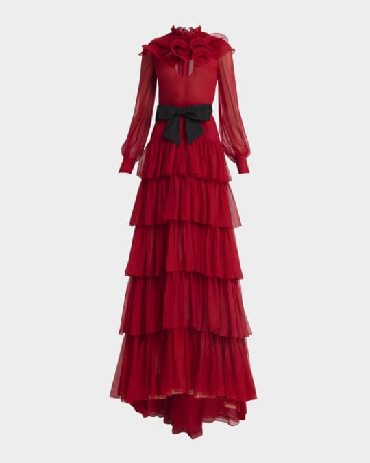 Valentino Garavani Ruffled Long Keyhole Chiffon Gown With Bow Detail ...