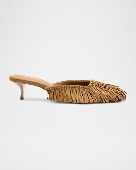 Larroude Sienna Suede Fringe Kitten Mules | Neiman Marcus