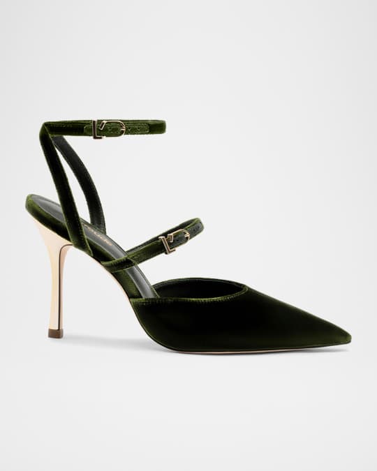 Larroude Kris Velvet Ankle-Strap Evening Pumps | Neiman Marcus