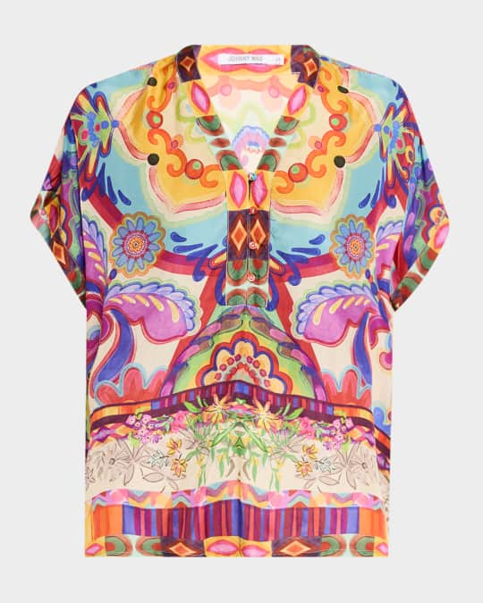 Johnny Was Cillia Geometric Floral-Print Silk Blouse | Neiman Marcus