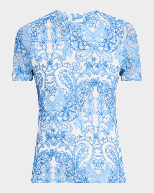 Johnny Was Eleanor Embroidered Mesh Tee | Neiman Marcus