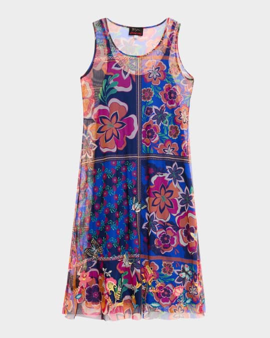 Johnny Was Mazzy Patchwork Floral-Print Mesh Midi Dress | Neiman Marcus