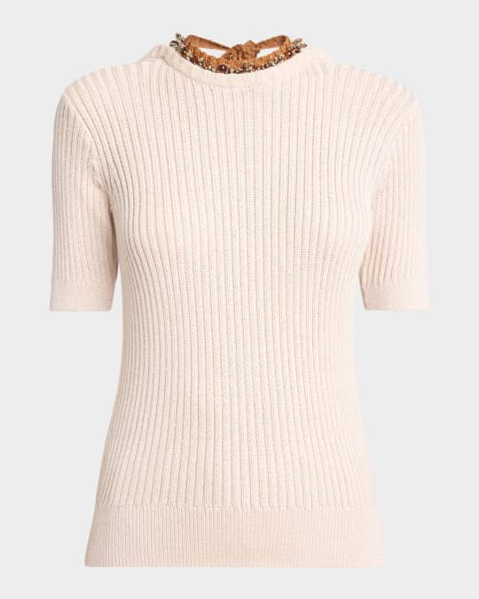 Dries Van Noten Tonia Beaded Short-Sleeve Low-Back Sweater | Neiman Marcus