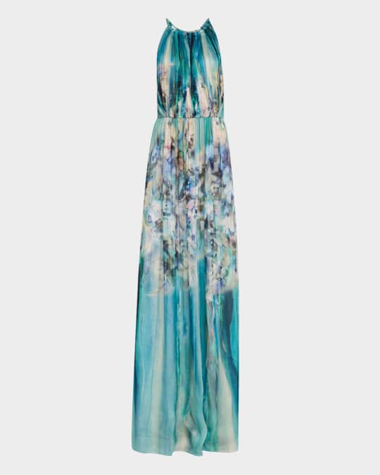 Alberta Ferretti Flower-Print Pleated Chiffon Halter Gown | Neiman Marcus